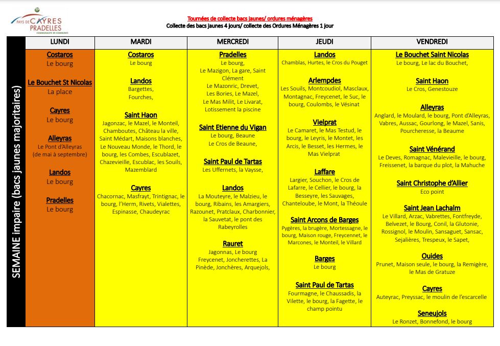 Calendrier des collectes ordures ménagères et tri sélectif